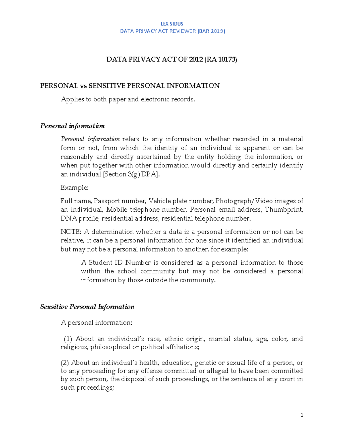 Pdfcoffee - DATA PRIVACY ACT - DATA PRIVACY ACT REVIEWER (BAR 2019) DATA PRIVACY ACT OF 2012 (RA ...