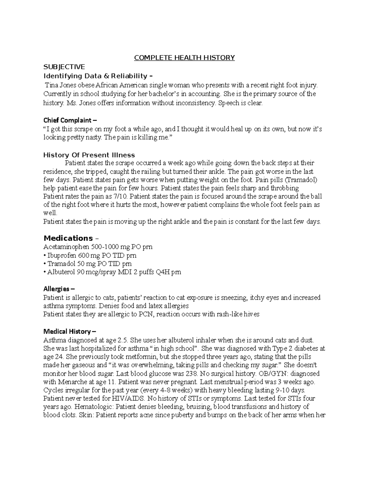 Health History (Subjective and Objective) - COMPLETE HEALTH HISTORY ...
