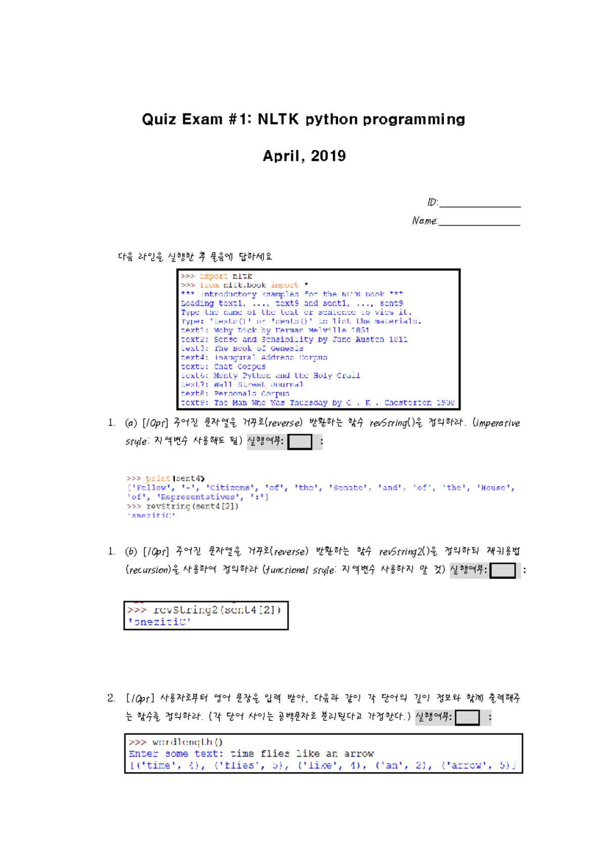 Nltk Quiz 1 2019 1 Nltk Quiz 1 2019 1 Quiz Exam 1 Nltk Python Programming April 2019 