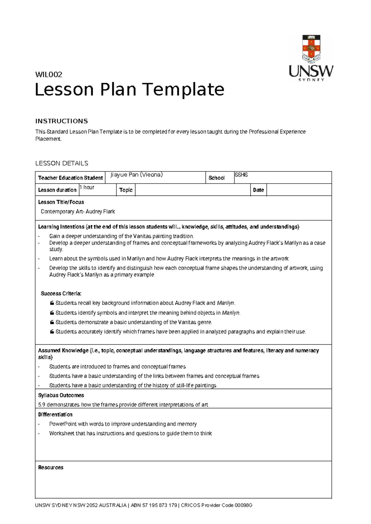 Yr 11 lesson plan Audrey Flack - WIL Lesson Plan Template INSTRUCTIONS ...