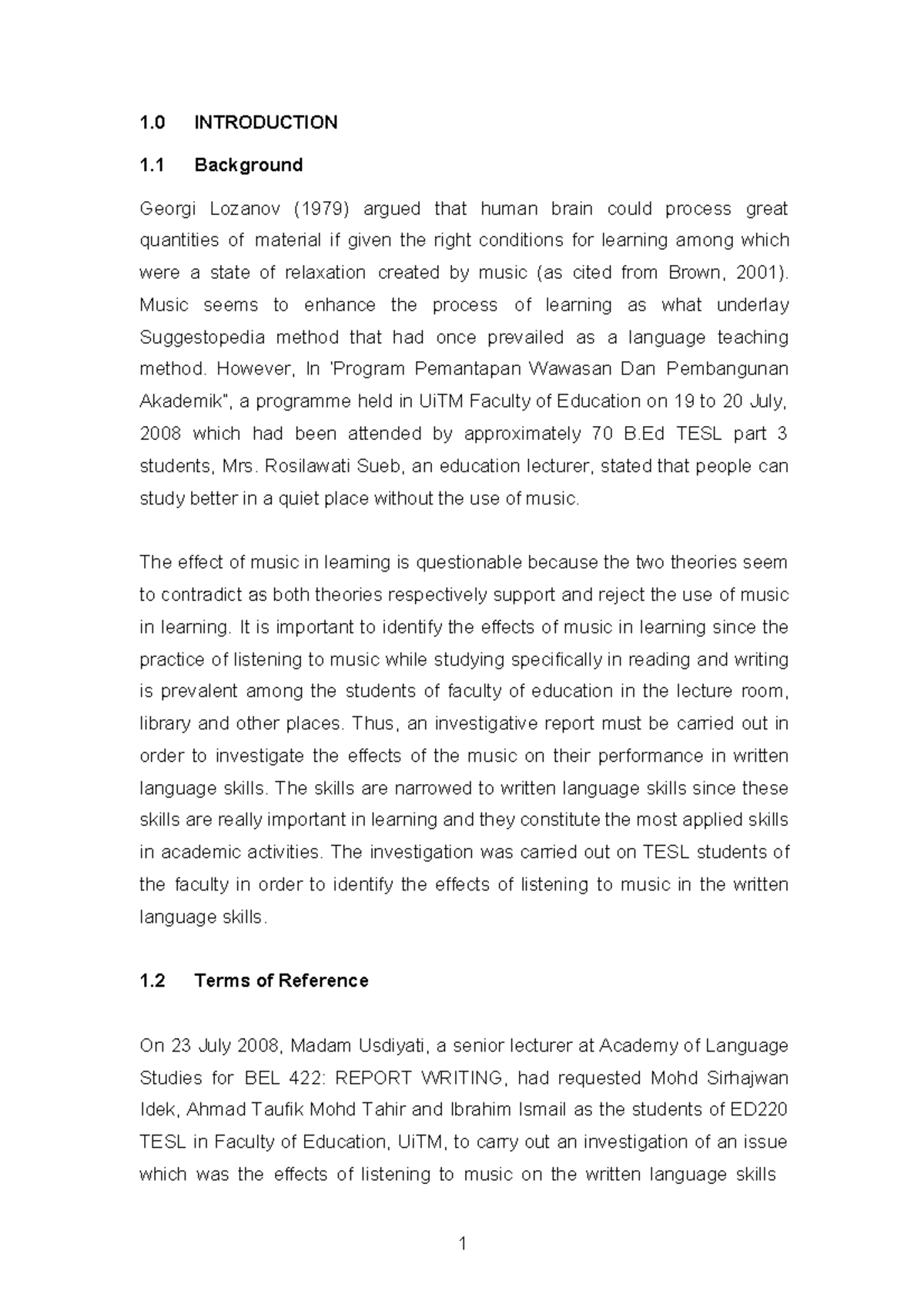 BEL422 Report - 1 INTRODUCTION 1 Background Georgi Lozanov (1979 ...