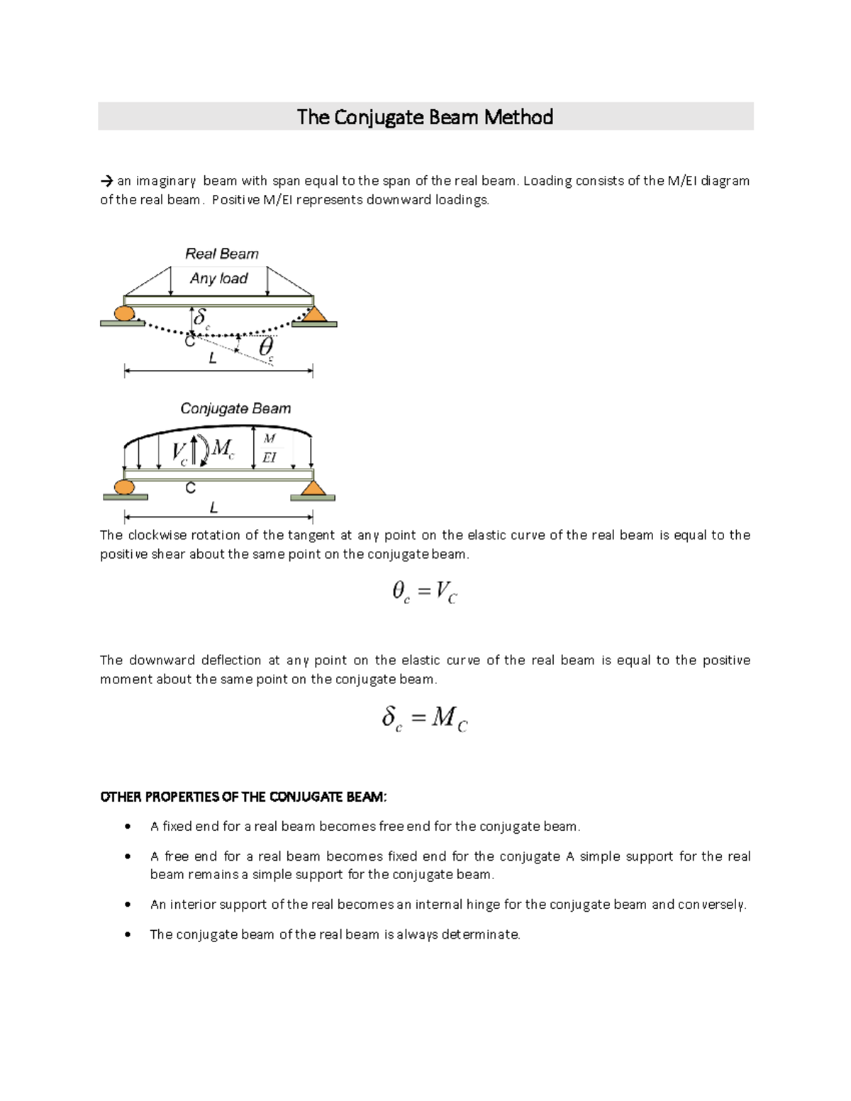 The Conjugate Beam Method - Loading consists of the M/EI diagram of the ...