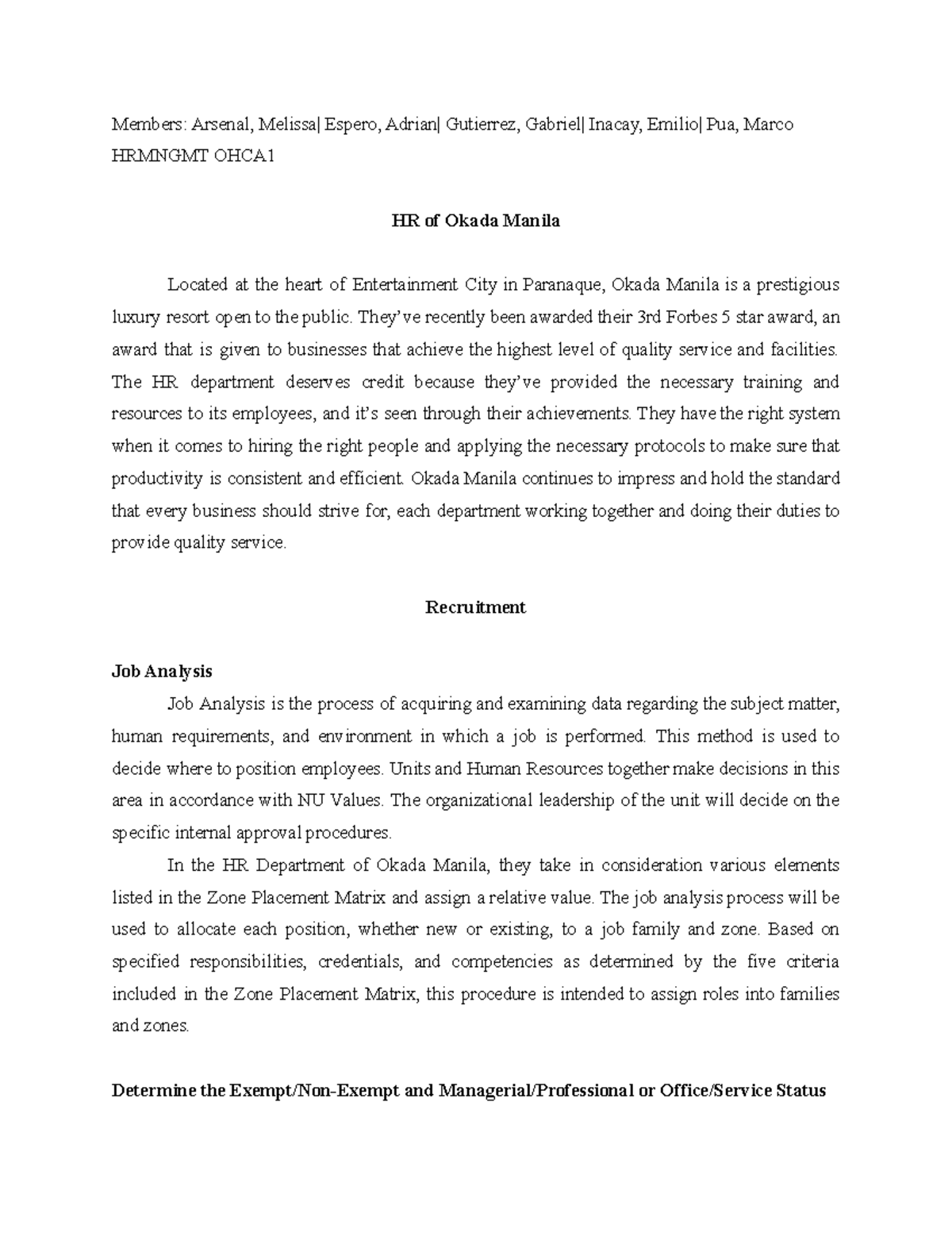 Midterm Paper - Group 4 - Detailed description of the HR plan of Okada ...