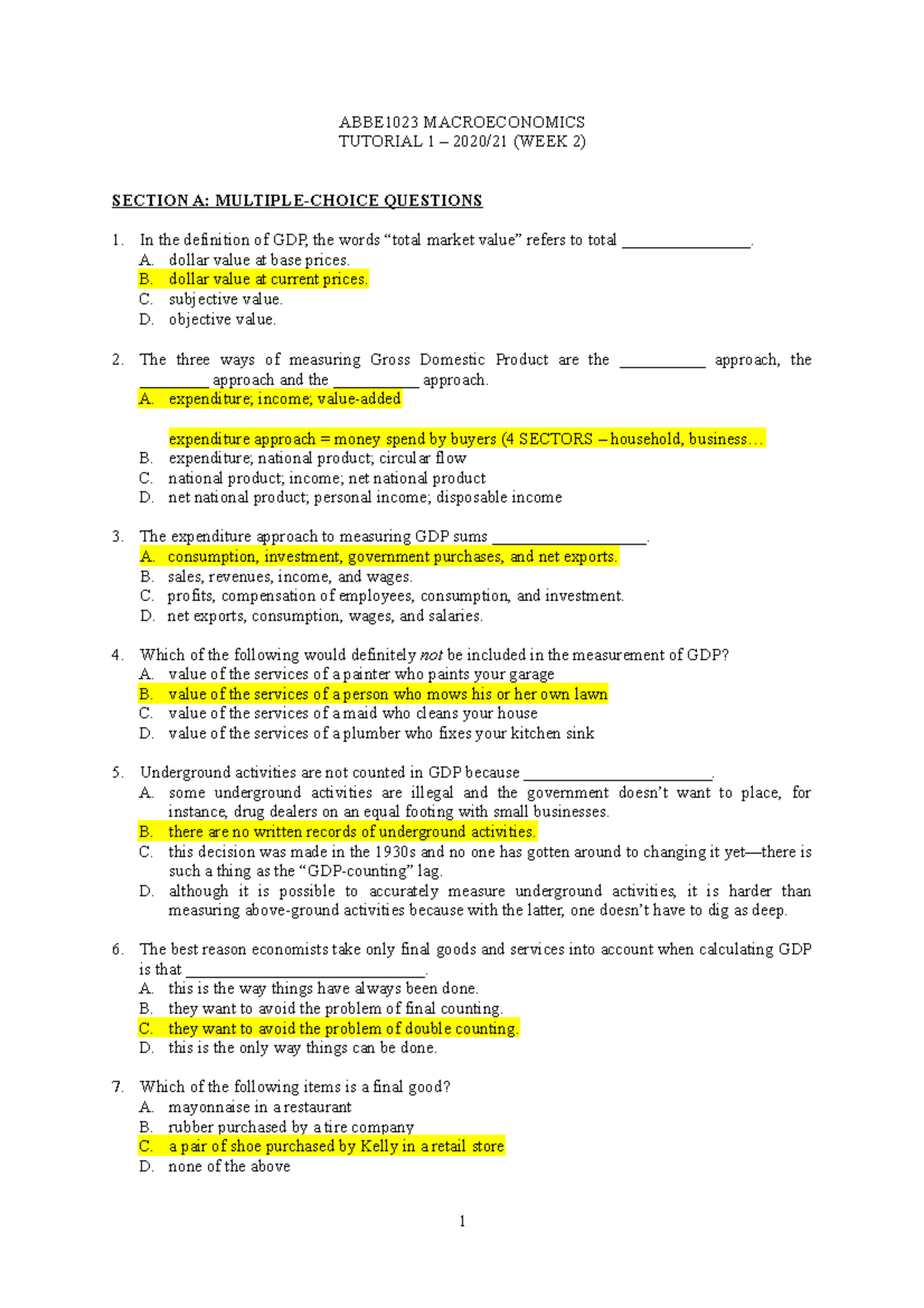 Tutorial 1 - ASD - ABBE1023 MACROECONOMICS TUTORIAL 1 – 2020/21 (WEEK 2 ...