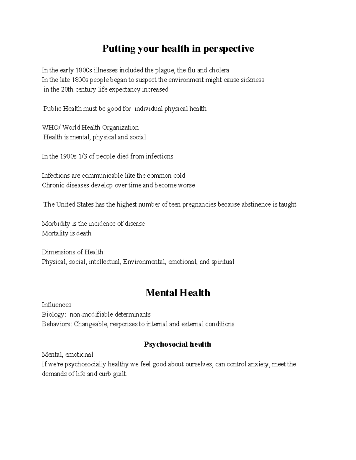 Health Science 210 Notes - Putting your health in perspective In the ...
