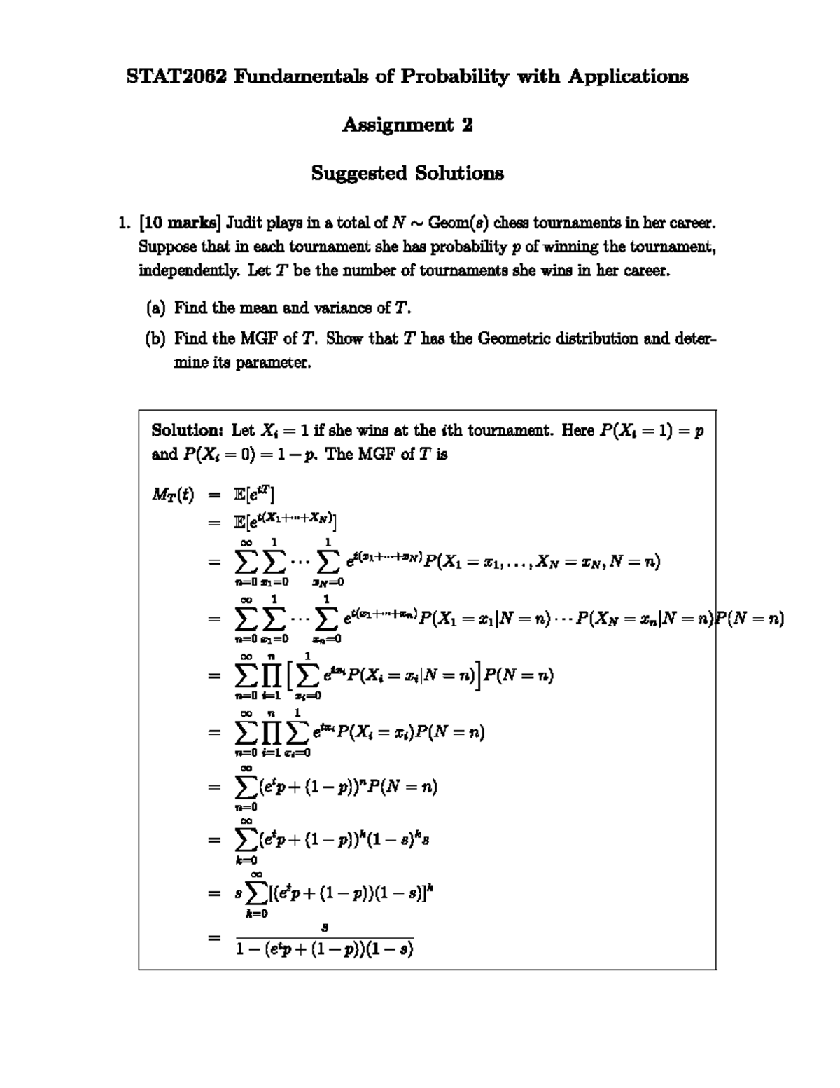 2022 Assignment 2 Sol - STAT2062 Fundamentals of Probability with Applications Assignment 2 ...