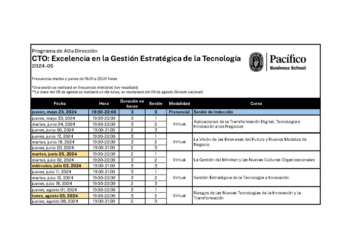 Horario CTO 2024-05 v2 - Programa de Alta Dirección 2024- CTO: Excelencia en la Gestión ...