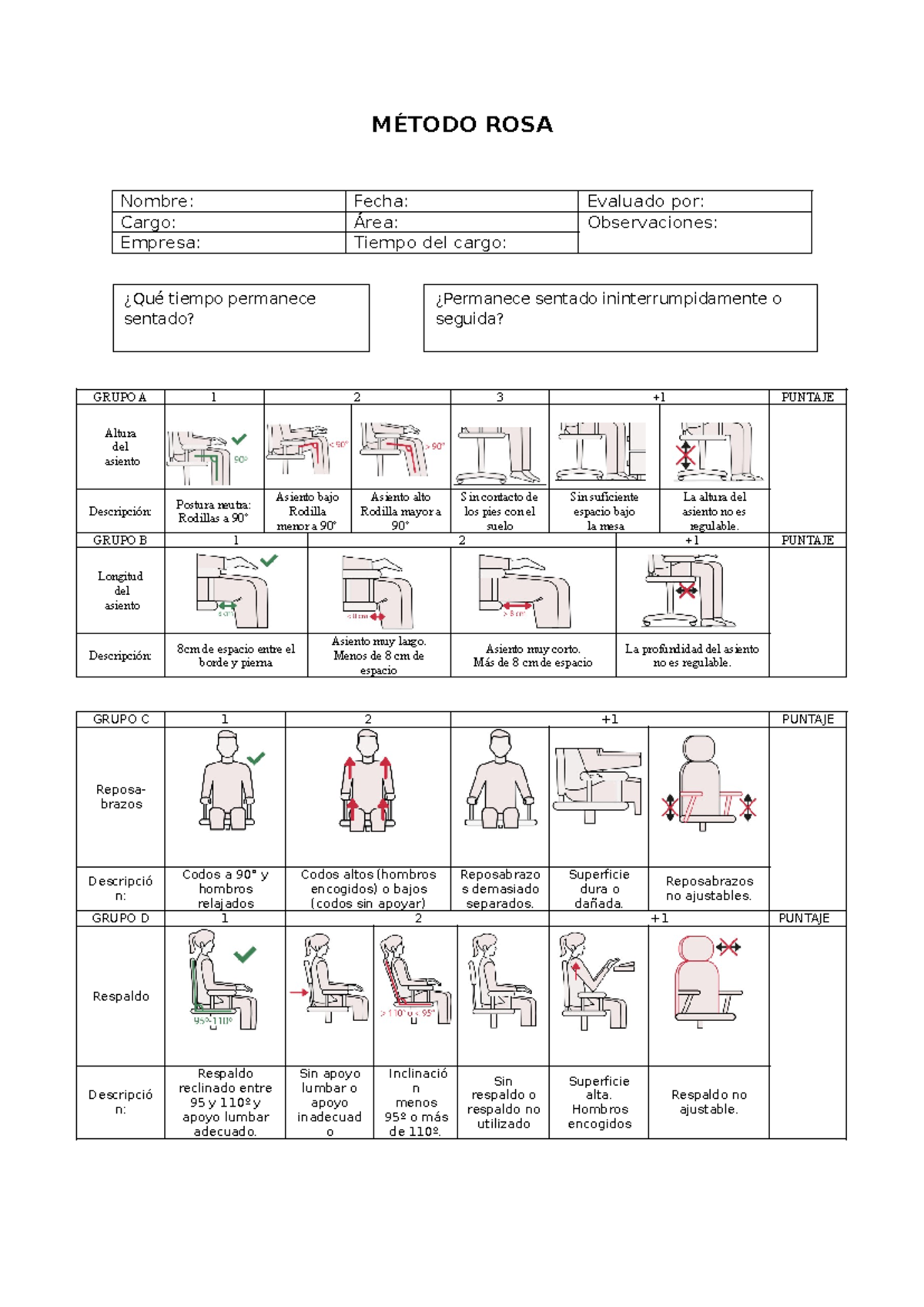 Ficha Metodo ROSA - MÉTODO ROSA Nombre: Fecha: Evaluado por: Cargo: Área: Observaciones: Empresa ...