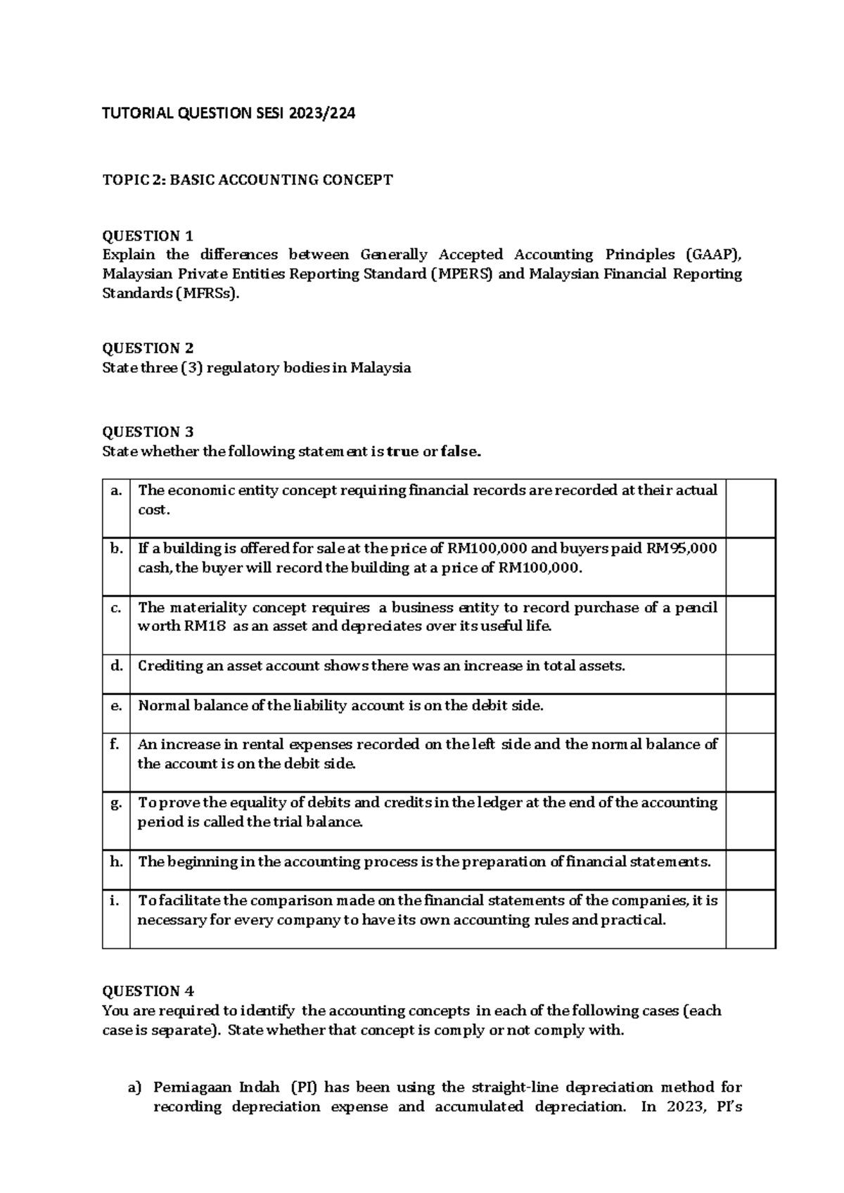 Akaun Tutorial Chapter 2 3 4 Tutorial Question Sesi 2023 Topic 2 Basic Accounting Concept 