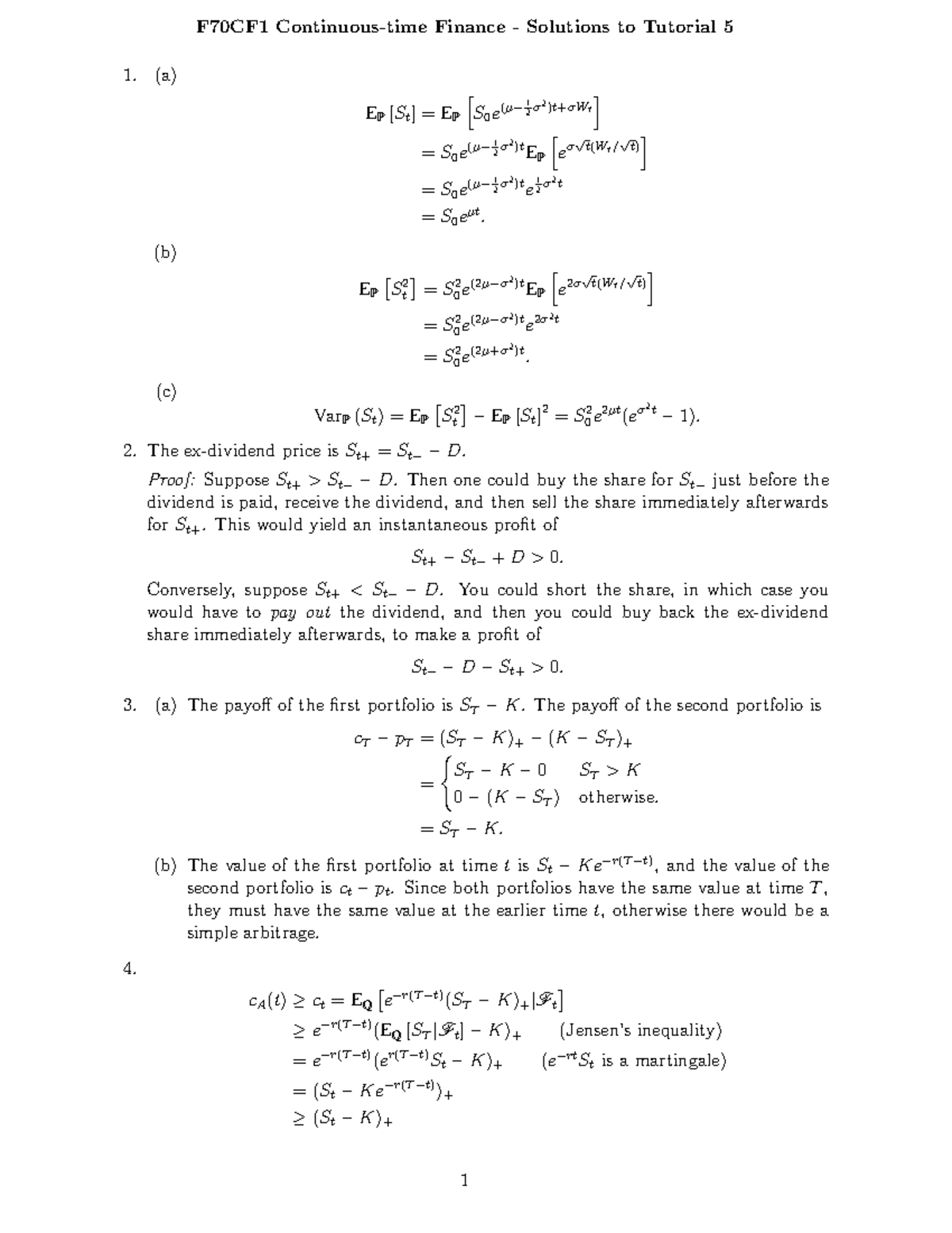 Tutorial 5 Solutions F70cf1 Continuous Time Finance Solutions To