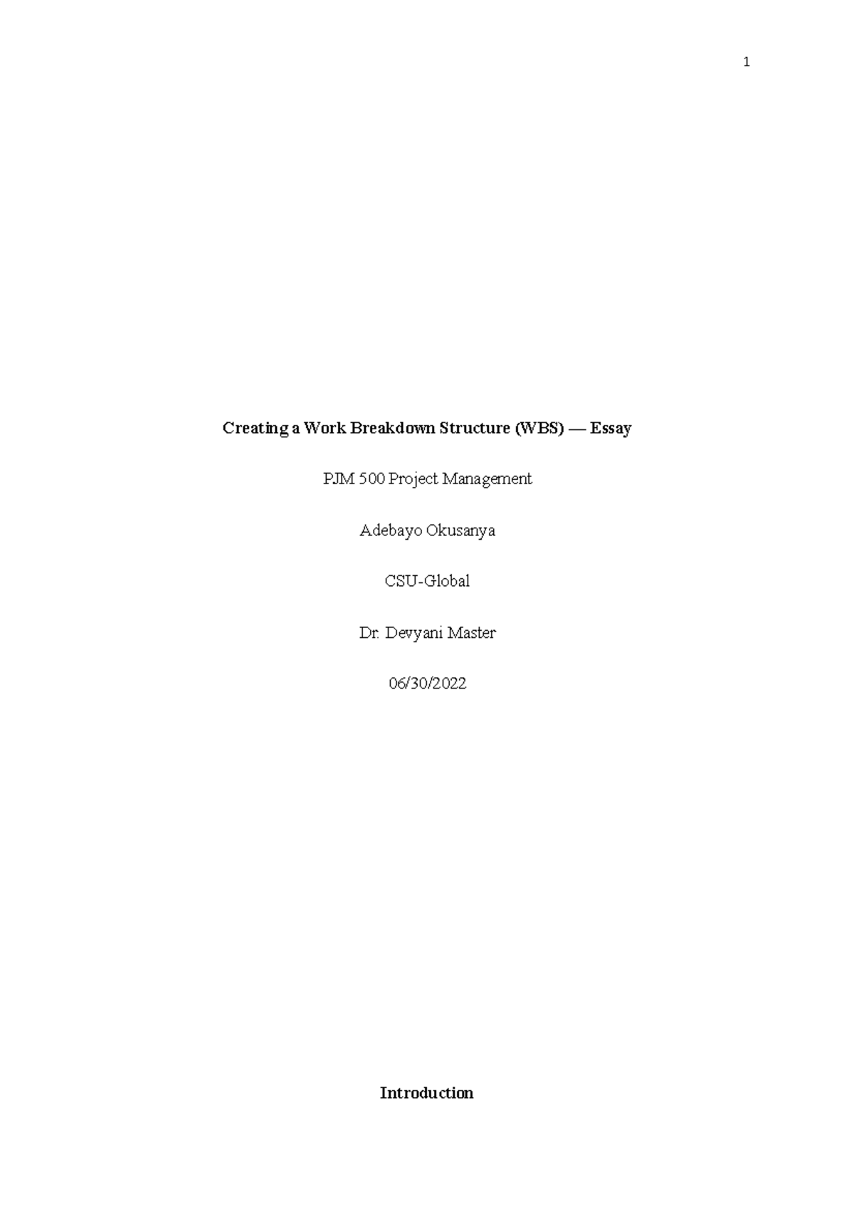 Creating a Work Breakdown Structure (WBS) — Essay - Devyani Master 06 ...