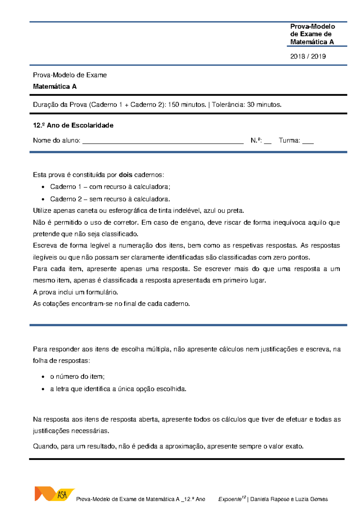 Prova-Modelo-05Jun2019 - Prova-Modelo de Exame de Matemática A 201 8 / ...