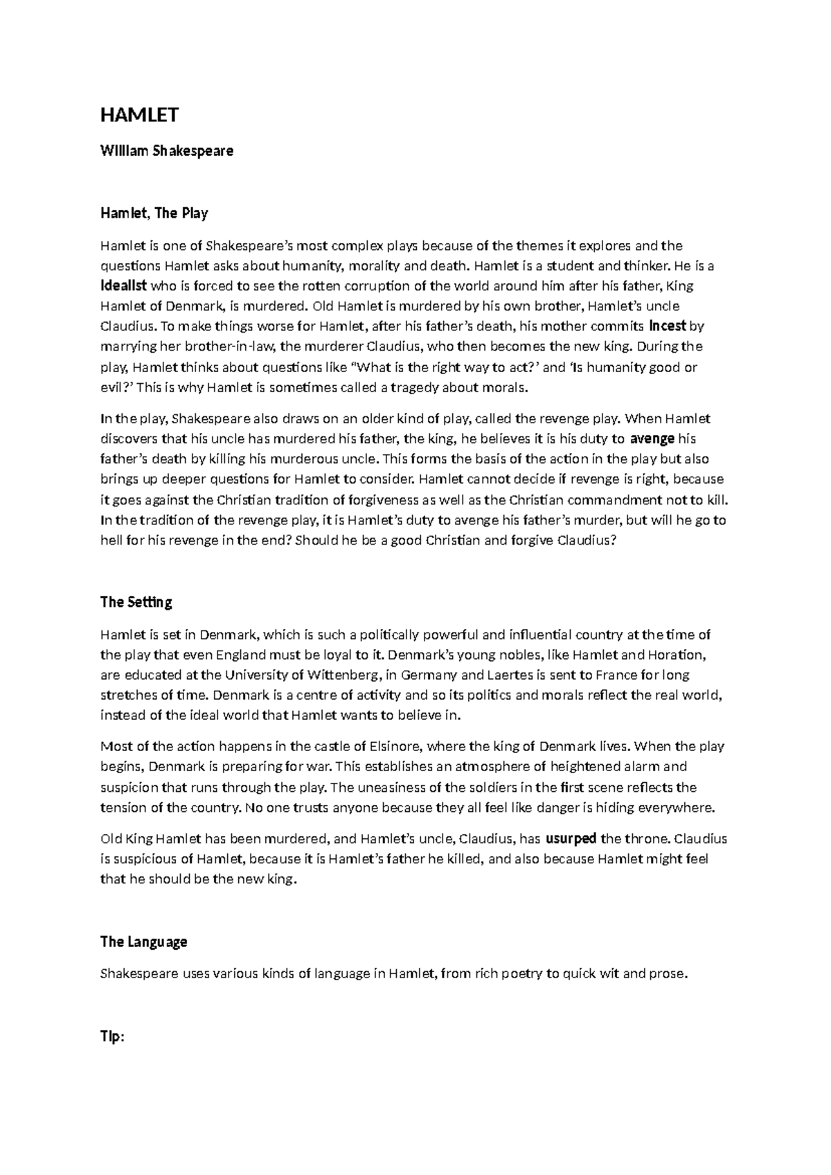 Gr 12 English HL - Hamlet Novel Study - HAMLET William Shakespeare ...