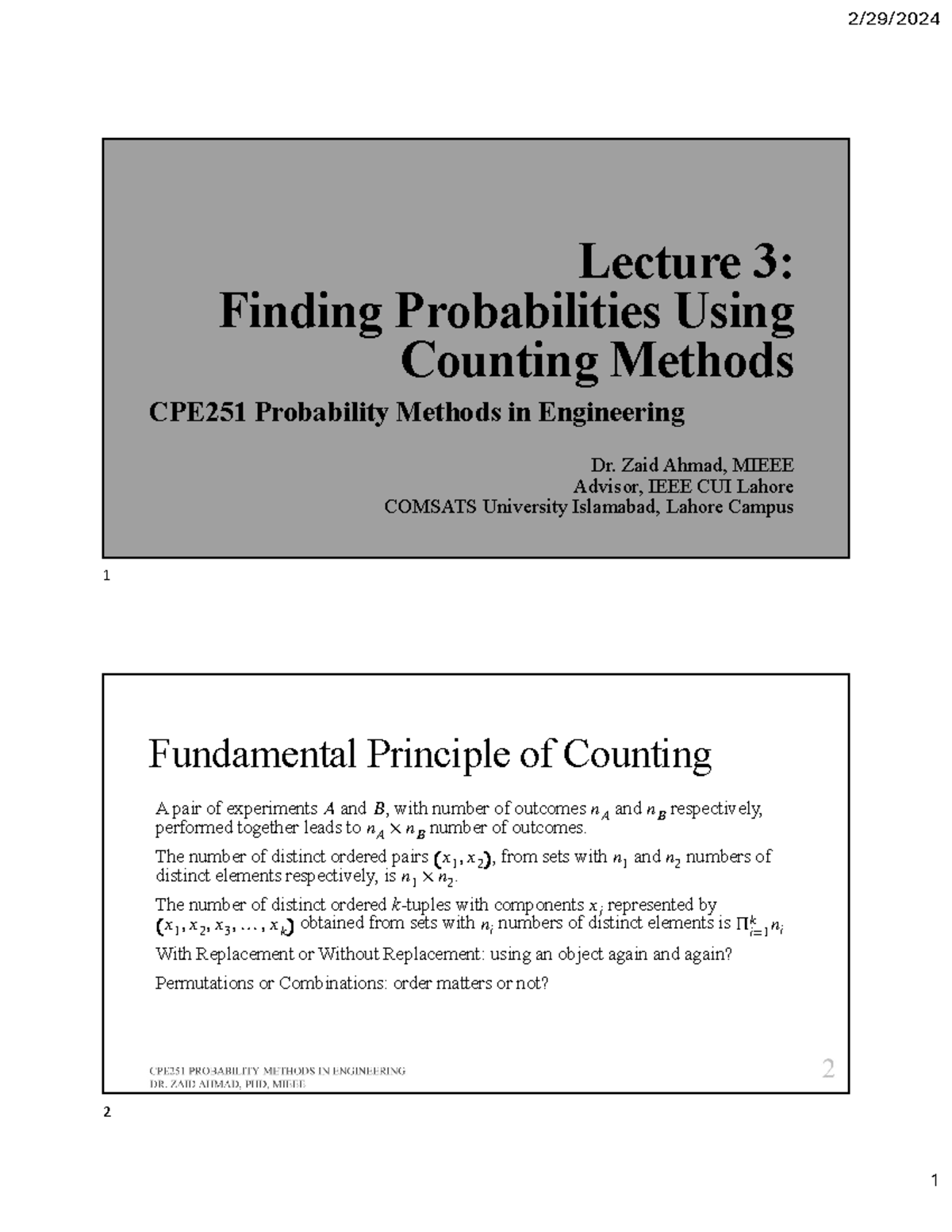 3. Counting Methods - Lecture 3: Finding Probabilities Using Counting Methods CPE251 Probability ...