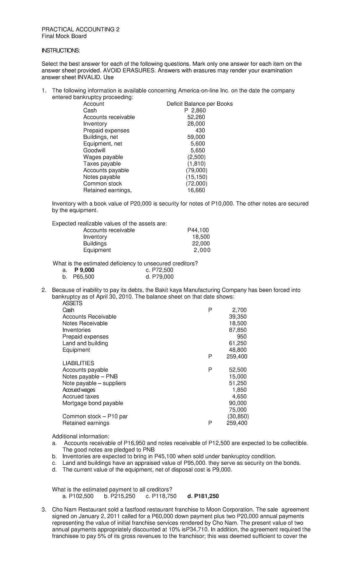 Pdfcoffee - problems - PRACTICAL ACCOUNTING 2 Final Mock Board INSTRUCTIONS: Select the best ...