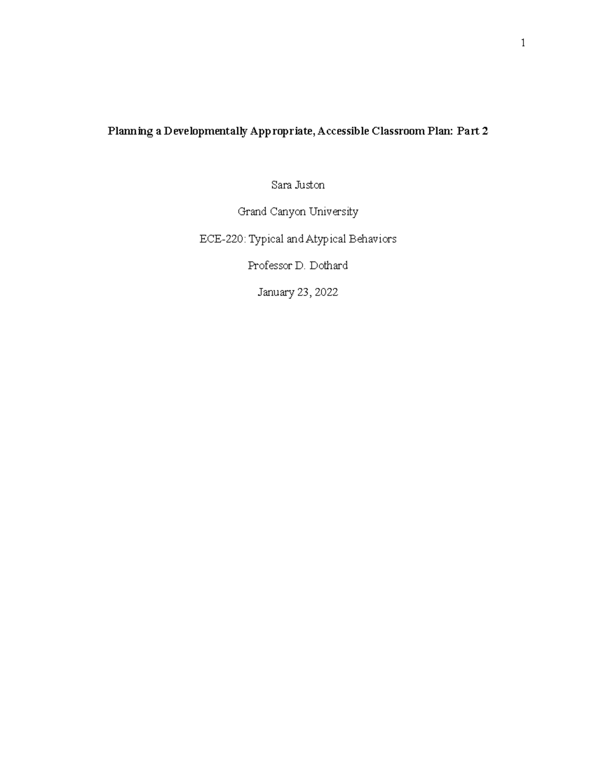 ECE 220 Classroom Plan Planning A Developmentally Appropriate