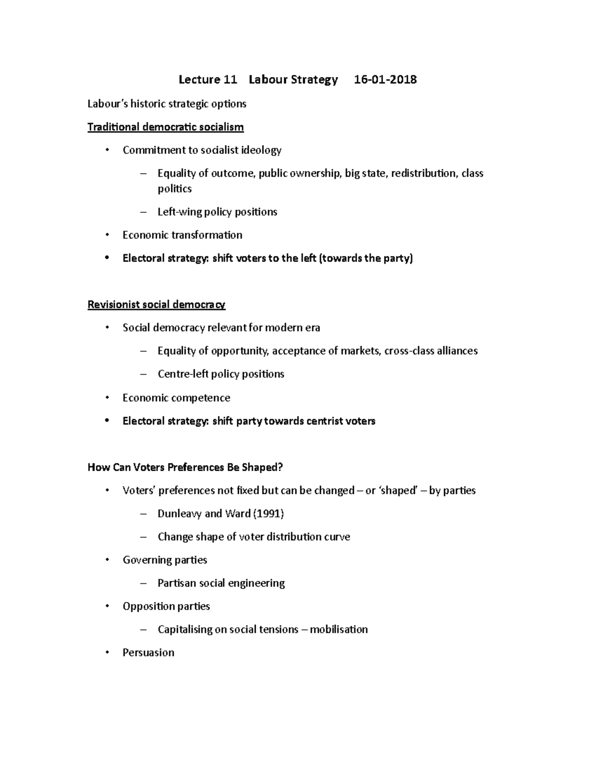 Lecture 11 - notes - Lecture 11 Labour Strategy 16-01-2018 Labour’s ...