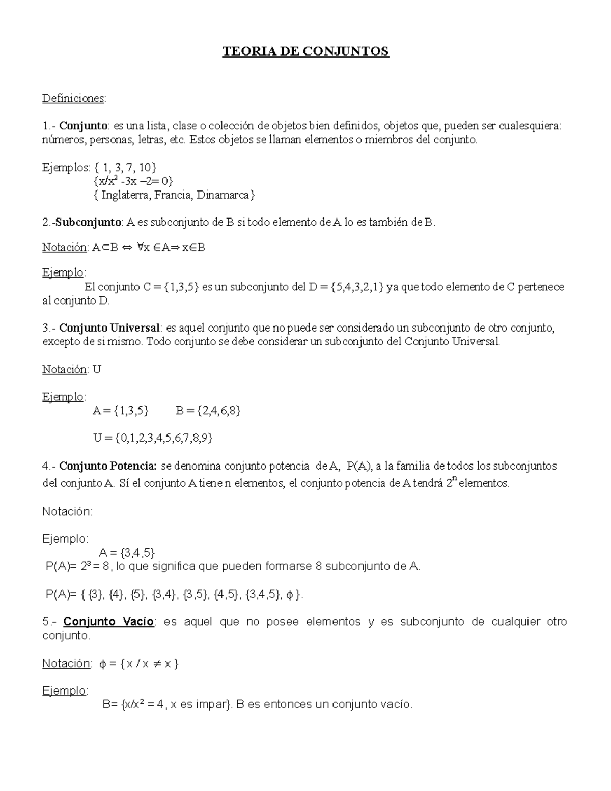 Relaciones y Conjuntos - TEORIA DE CONJUNTOS Definiciones: 1.- Conjunto : es una lista, clase o ...