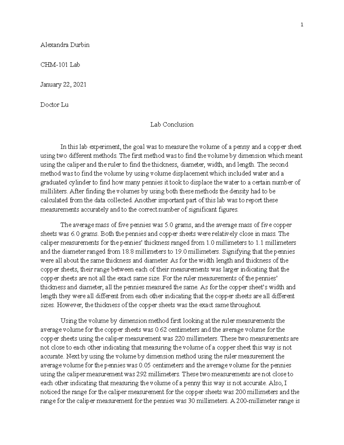 Lab Report 2 for Chemistry Lab - 1 Alexandra Durbin CHM-101 Lab January ...