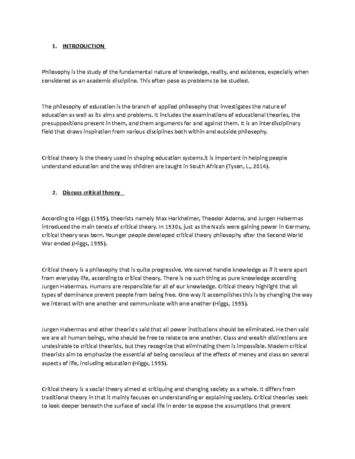 critical theory - 1. INTRODUCTION Philosophy is the study of the ...