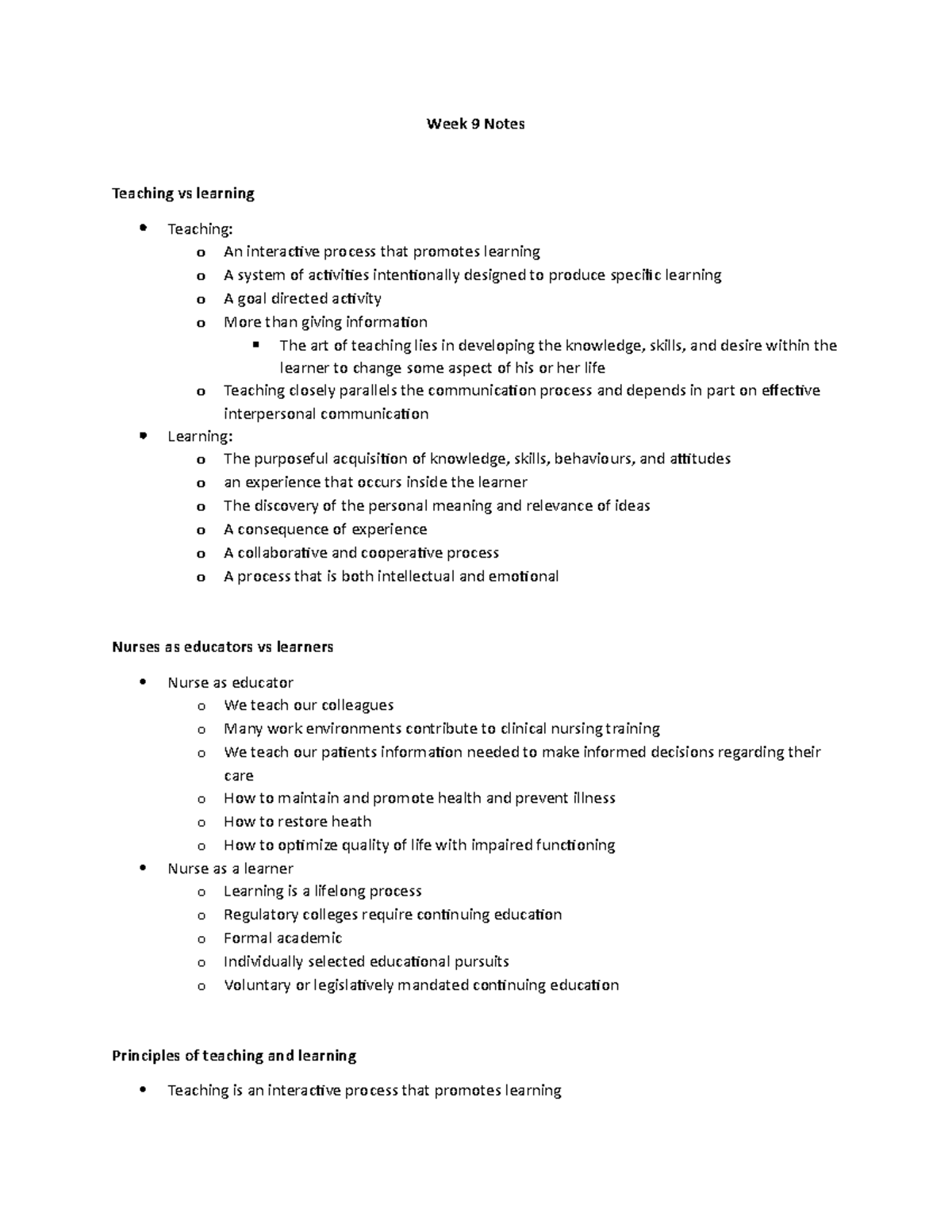Week 9 Notes - Teaching and learning - Week 9 Notes Teaching vs ...