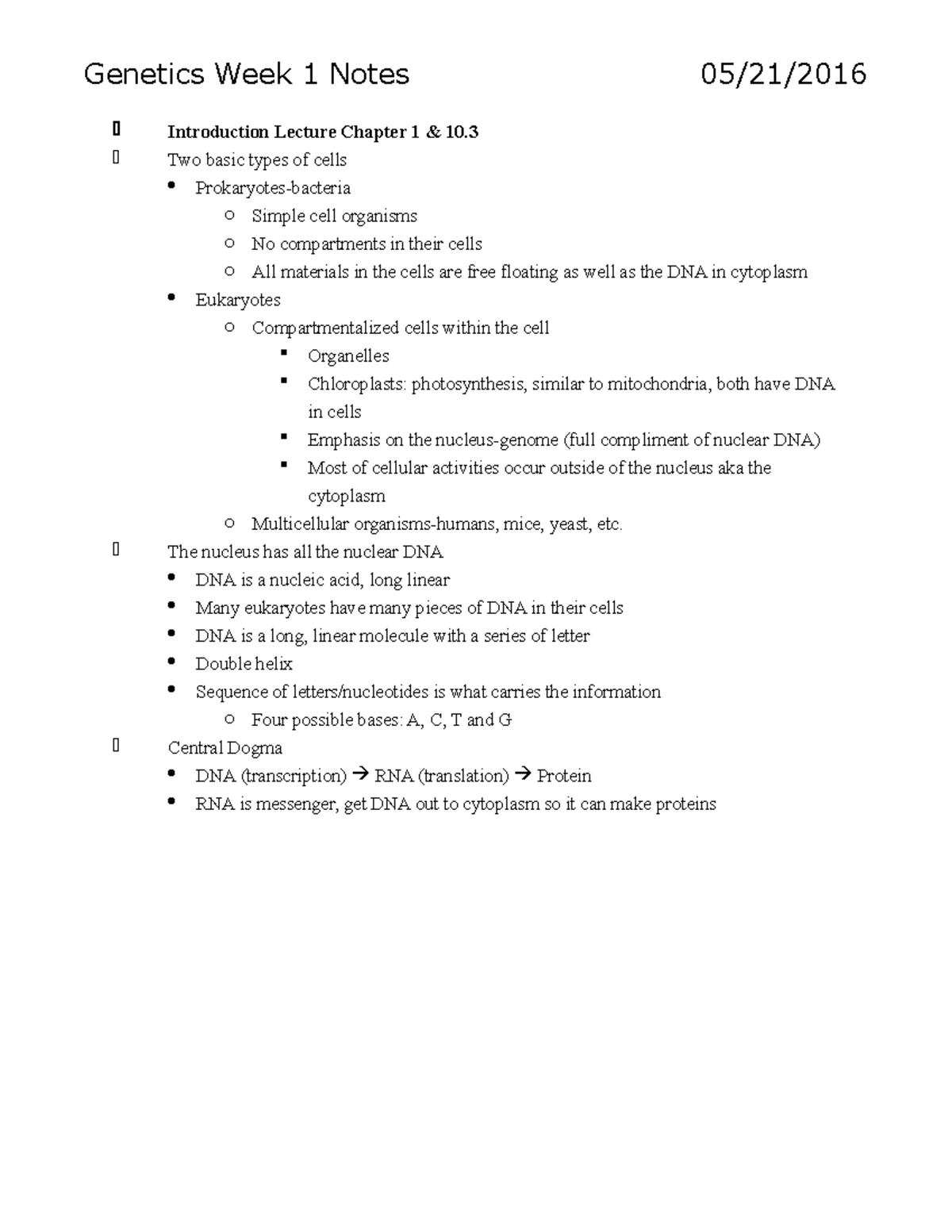 Genetics Notes - Genetics Week 1 Notes Introduction Lecture Chapter 1 ...