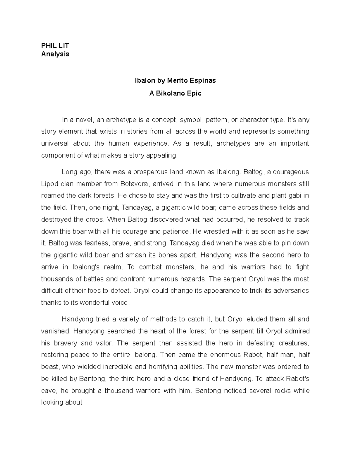 Region 5 Literaryanalysis - PHIL LIT Analysis Ibalon by Merito Espinas ...
