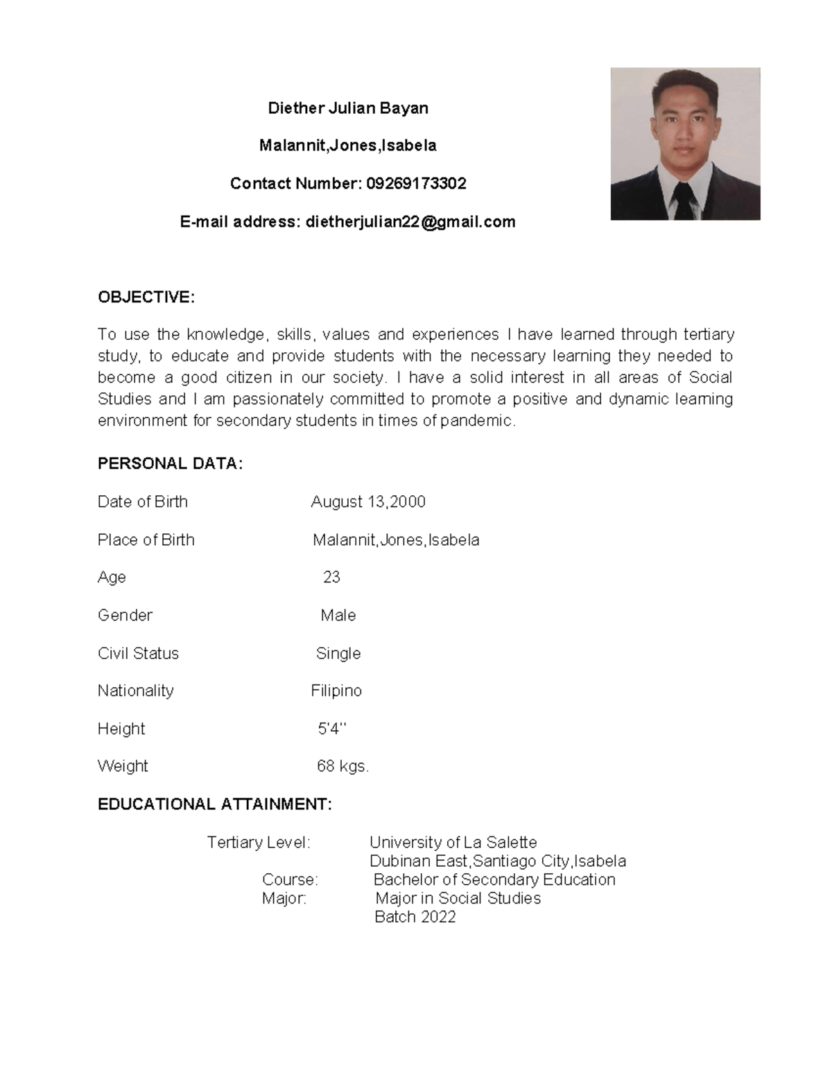Resume-Diether J. Bayan(Applicant) - Diether Julian Bayan Malannit,Jones,Isabela Contact Number ...