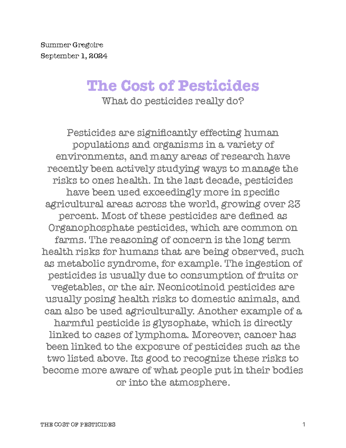 Current Event Article 1 - Summer Gregoire September 1, 2024 The Cost of ...