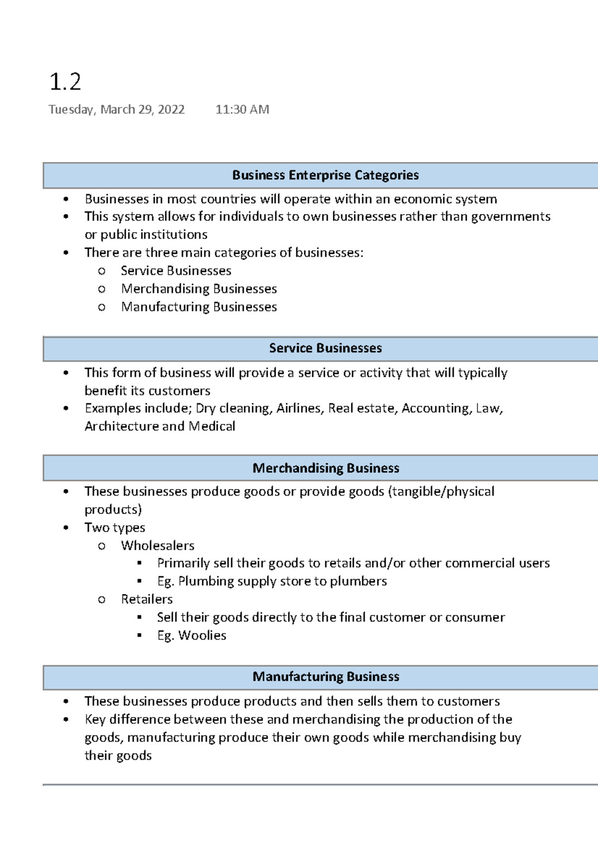Textbook chapter 1.2 notes - Business Enterprise Categories Businesses ...