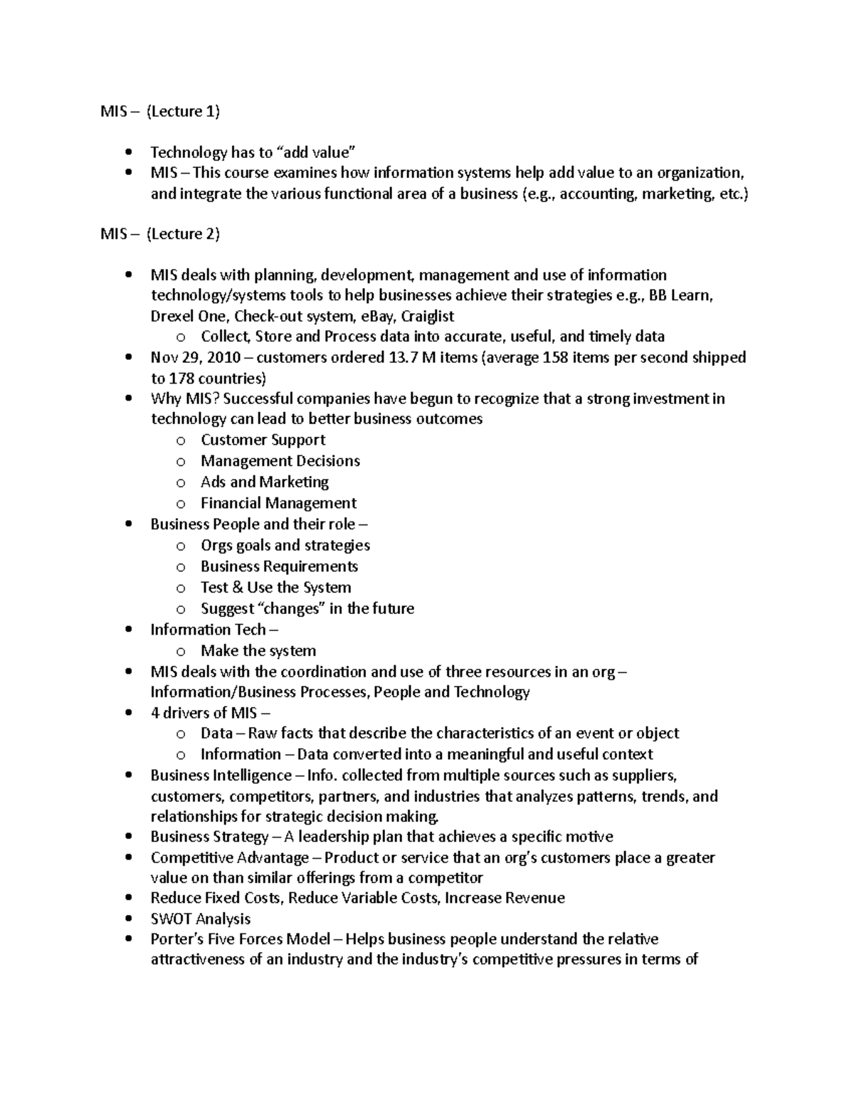 MIS Lecture 1 - Detailed Notes - MIS – (Lecture 1) Technology has to ...