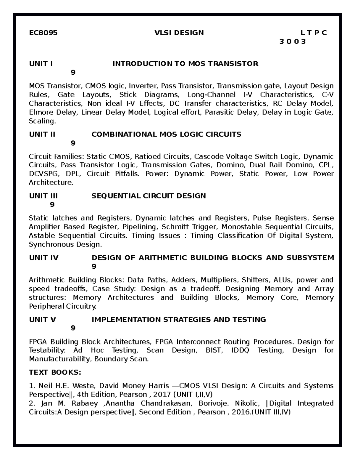 EC8095 Syllabus - ngdjgfjd - EC8095 VLSI DESIGN L T P C 3 0 0 3 UNIT I INTRODUCTION TO MOS - Studocu