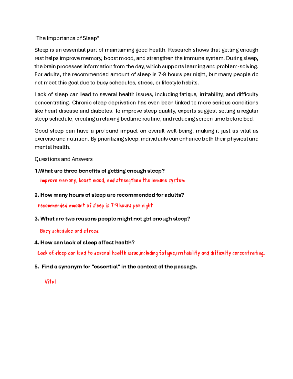 Reading Passage - Yeag - "The Importance of Sleep" Sleep is an ...