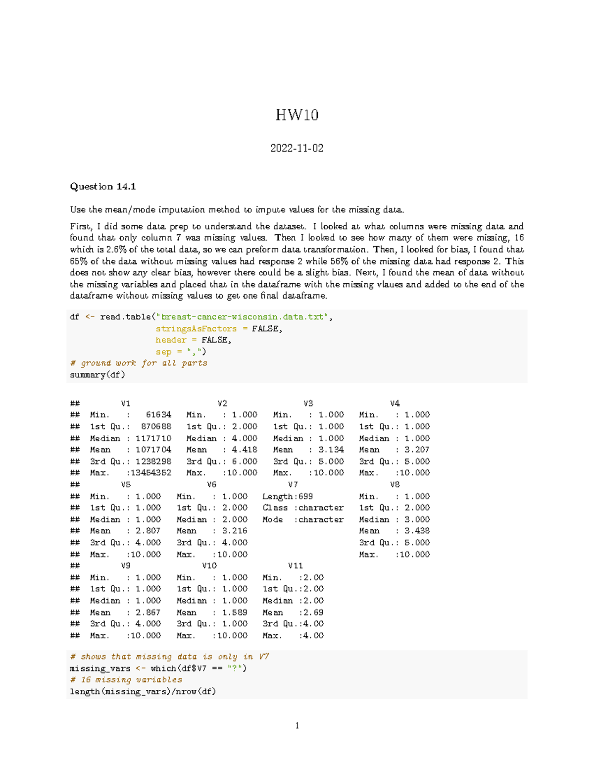 Hw10 - hw 10 - HW 2022-11- Question 14. Use the mean/mode imputation method to impute values for ...