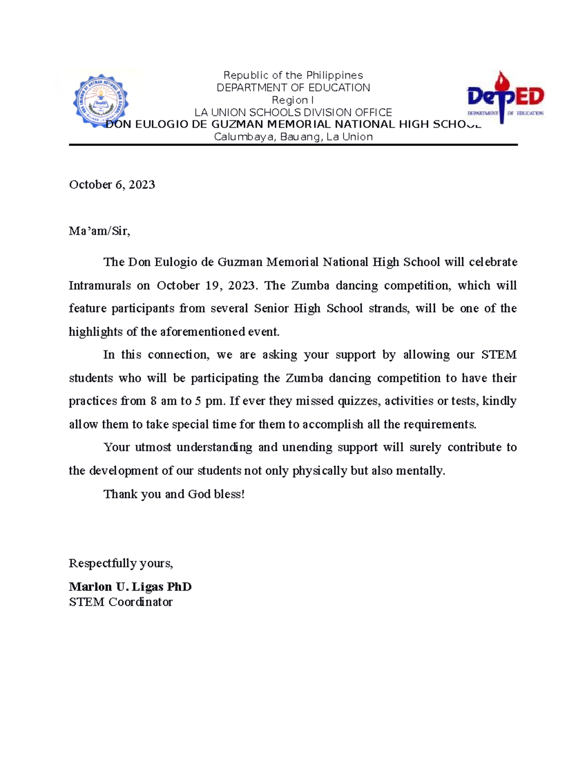 Excuse-letter - excuse letter sample - Republic of the Philippines ...