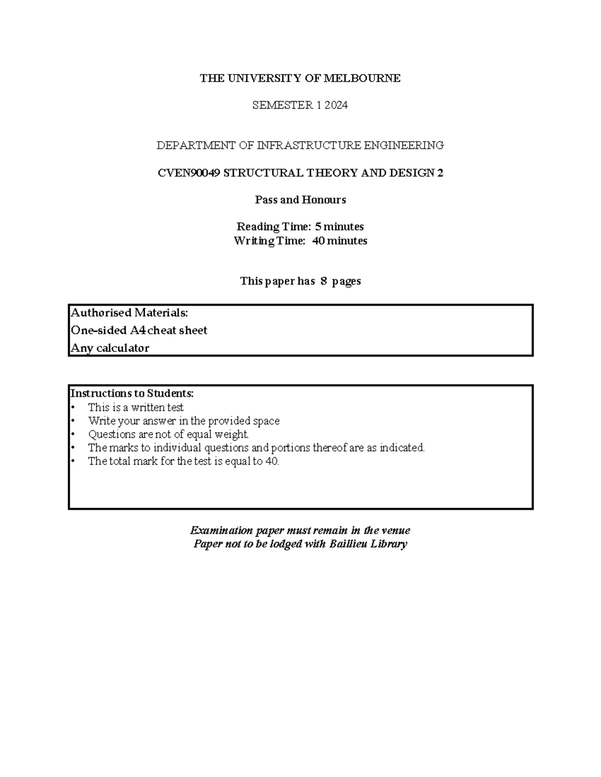 CVEN90049 Test 1 cover page - THE UNIVERSITY OF MELBOURNE SEMESTER 1 ...