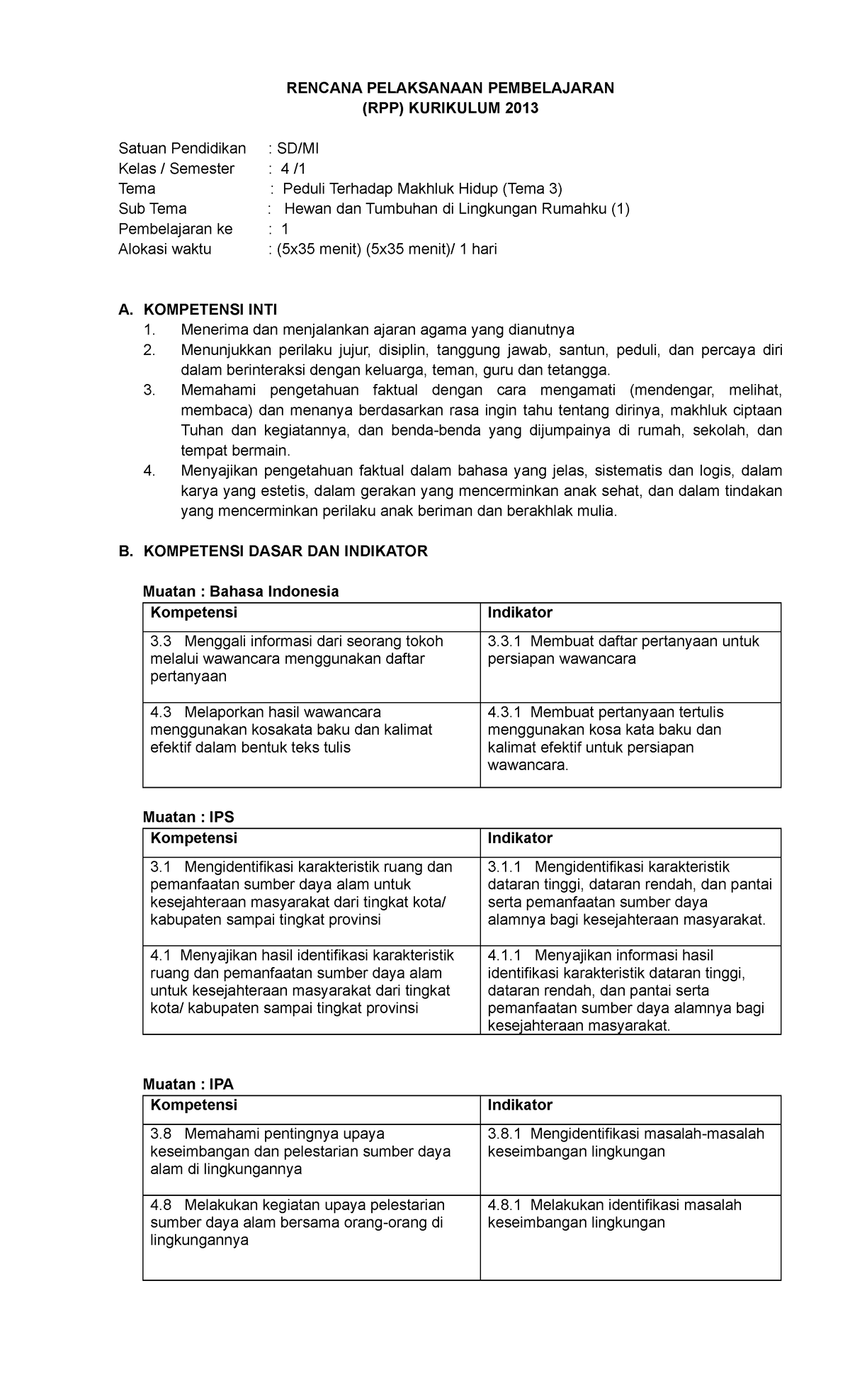 Rpp Kelas IV Semester 1 - RENCANA PELAKSANAAN PEMBELAJARAN (RPP ...