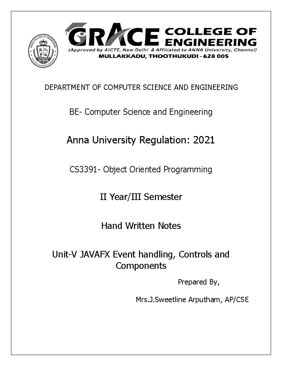 Iii Cse Cs3391 Oop Unit 5 Object Oriented Programming Department Of 3289