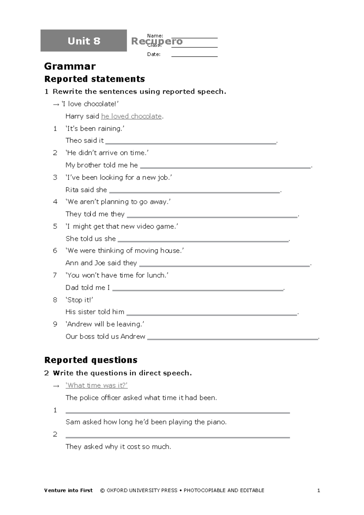 Venture b2 unit 8 recupero - Class: _______________ Date ...