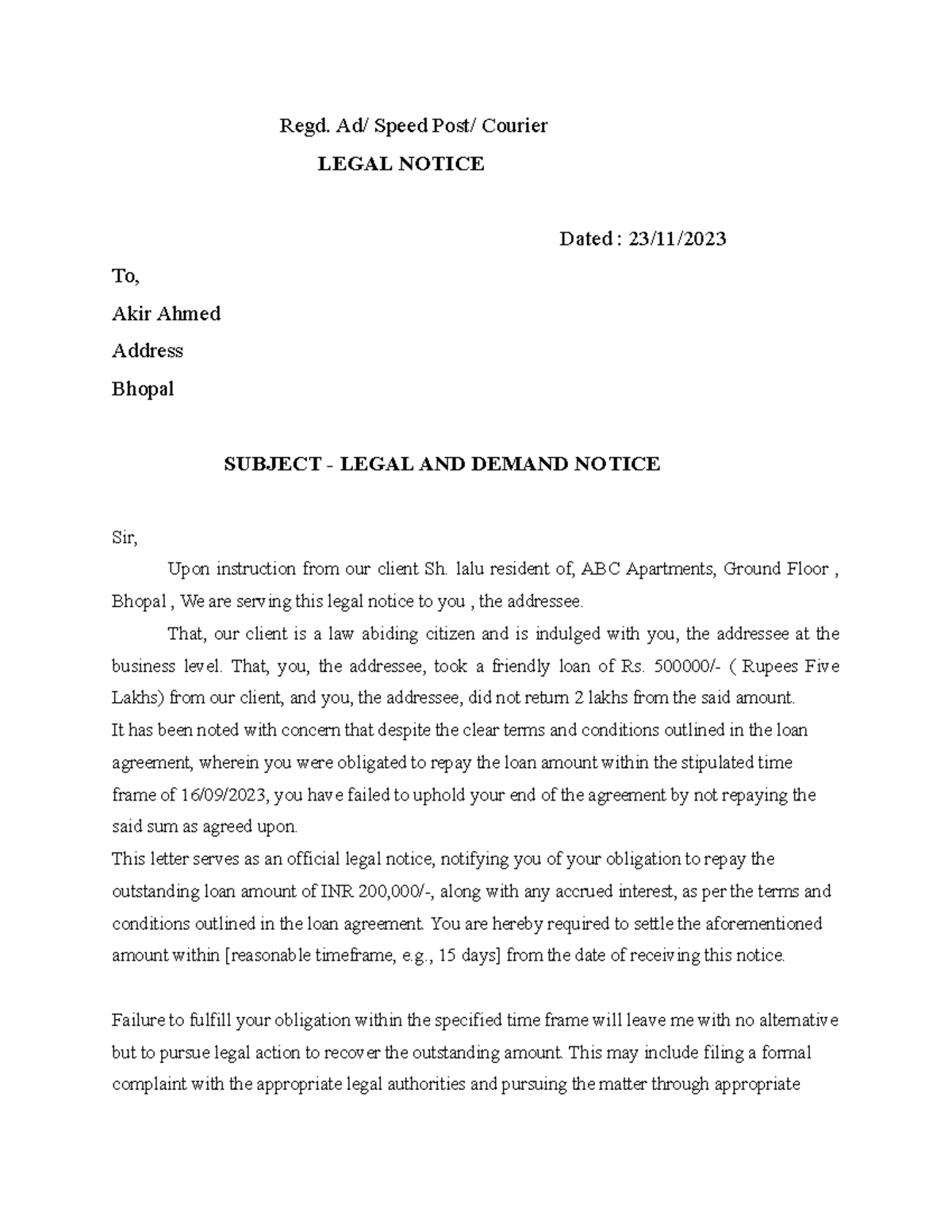 Legal Notice for recovery of money - Regd. Ad/ Speed Post/ Courier ...