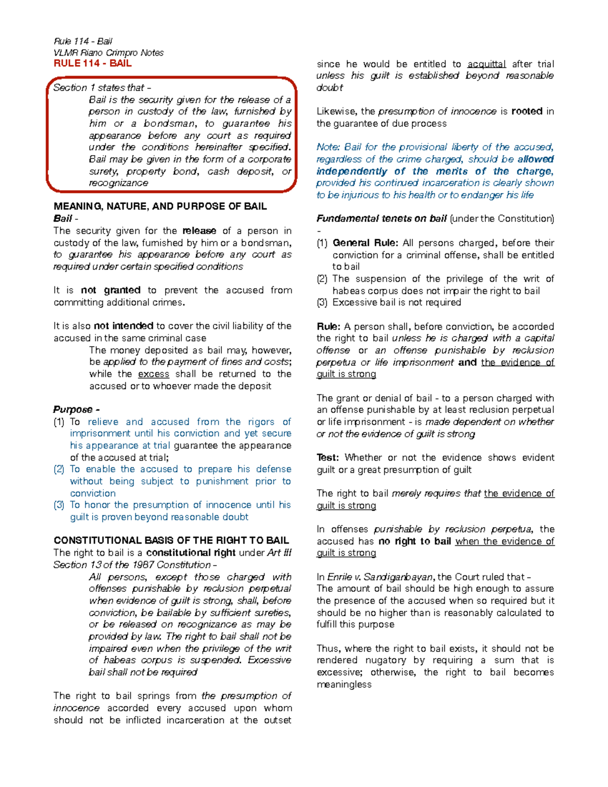 Reviewer on Rule 114 - Bail - VLMR Riano Crimpro Notes RULE 114 - BAIL ...
