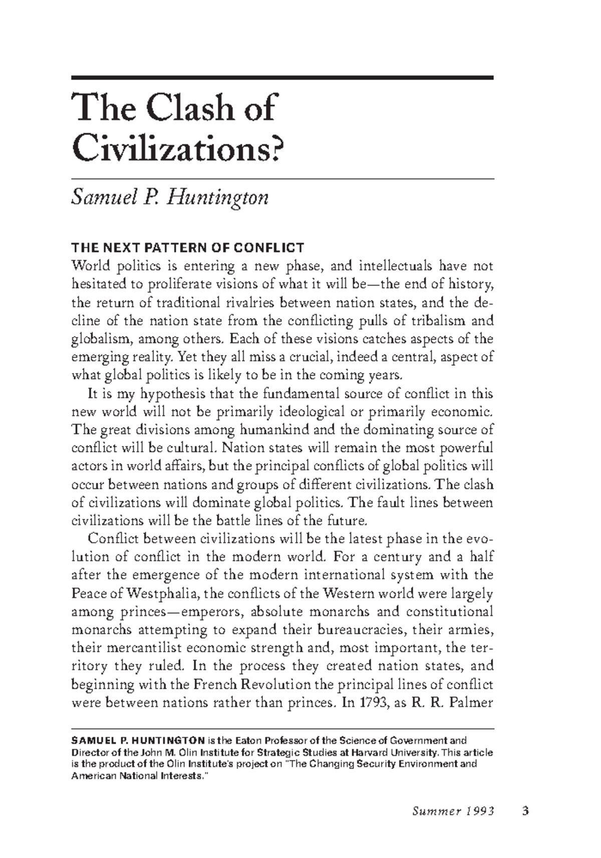 Clash of civilization 1 - SAMUEL P. HUNTINGTON is the Eaton Professor ...