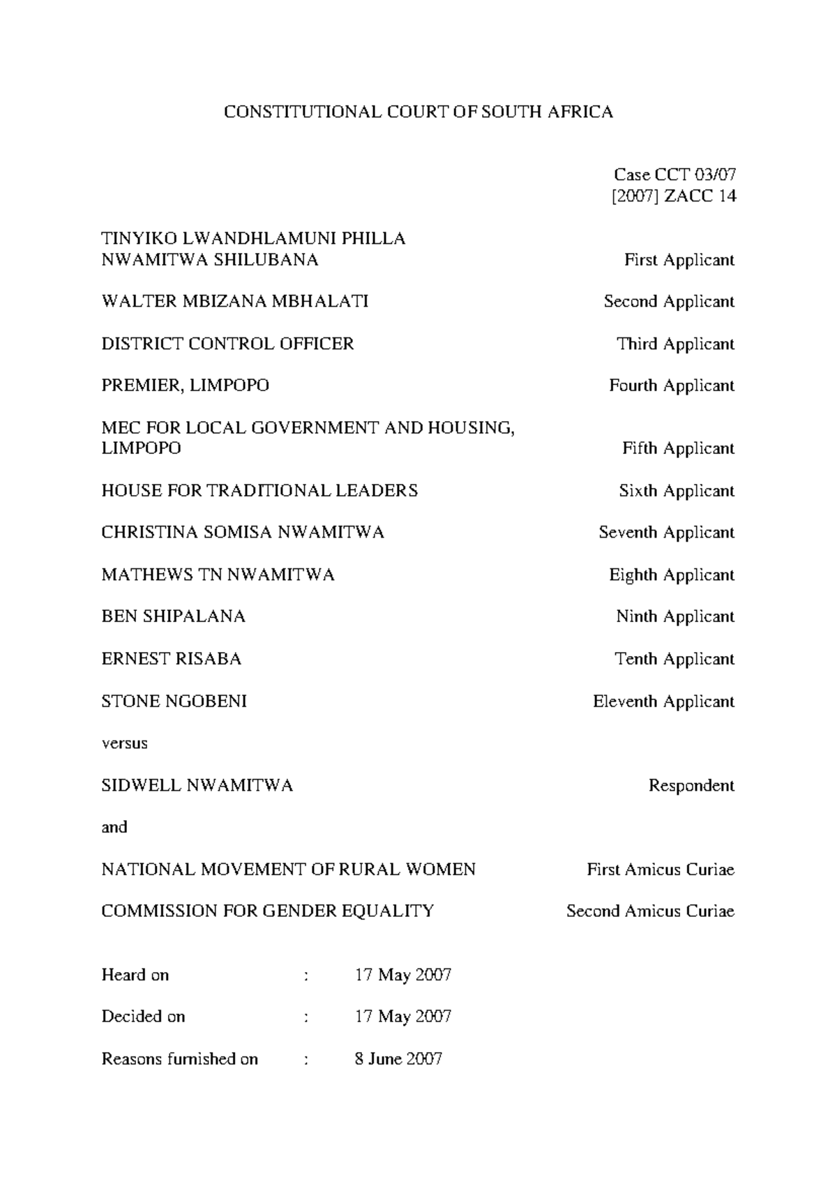 Shilubana and Others v Nwamitwa 2007 (2) SA 432 (SCA) - CONSTITUTIONAL ...