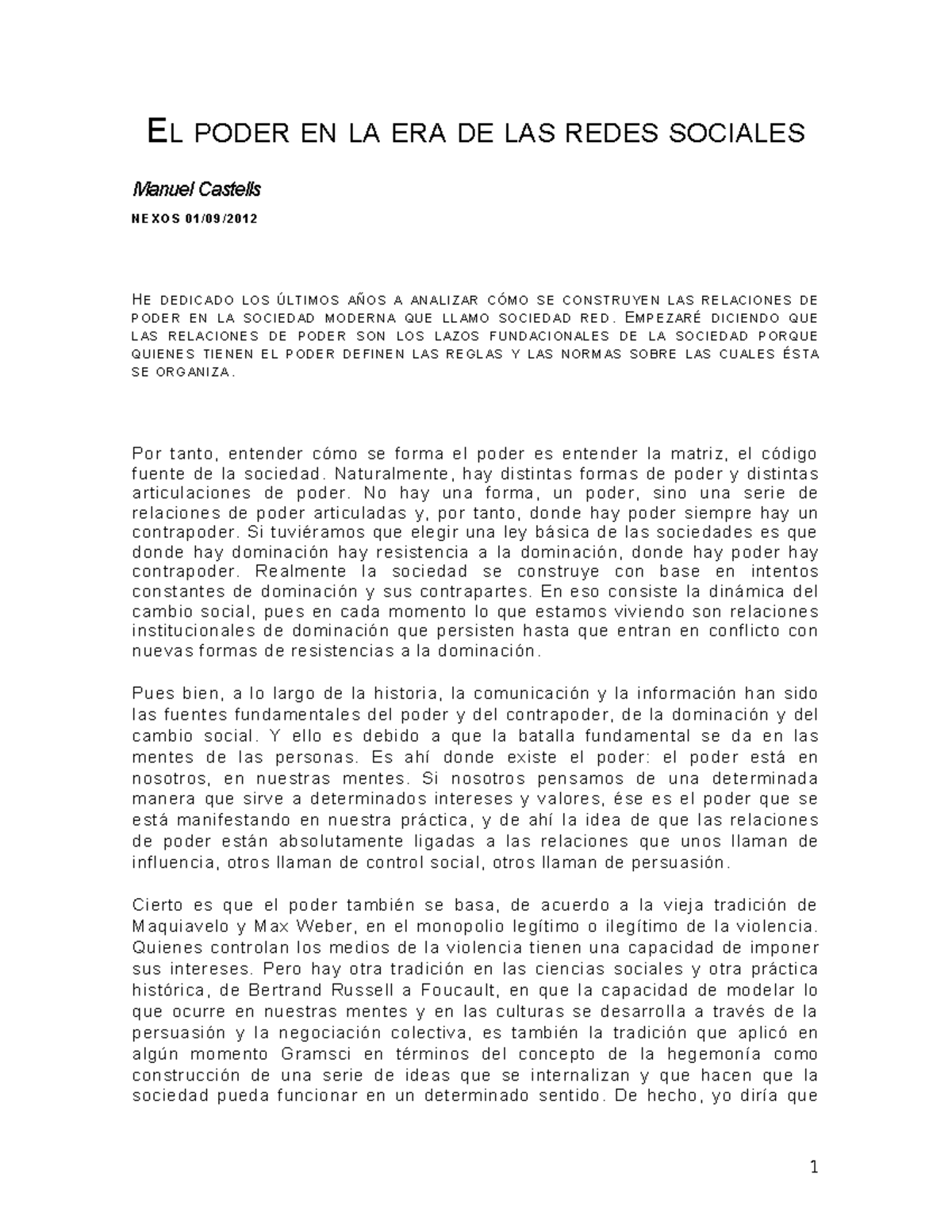 Manuel Castells el poder en la era de las redes sociales - EL PODER EN ...