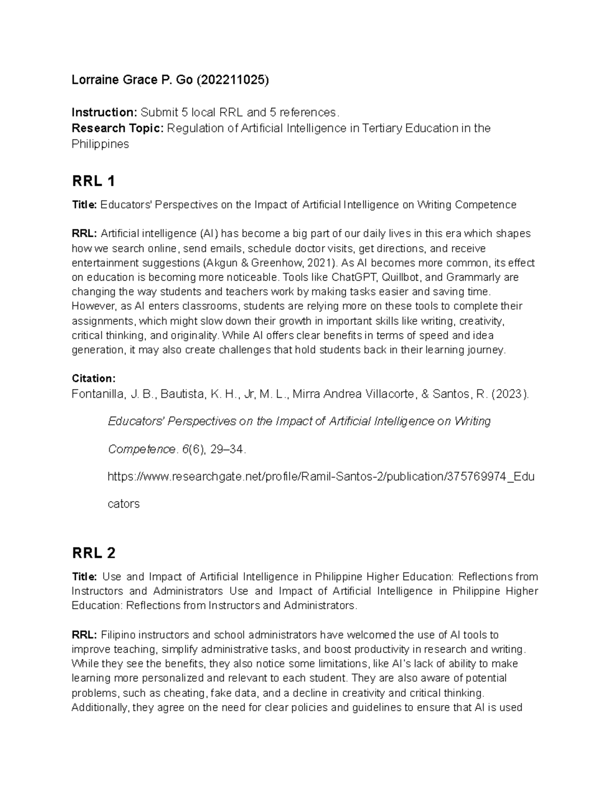 GO RRL and References - Lorraine Grace P. Go (202211025) Instruction ...
