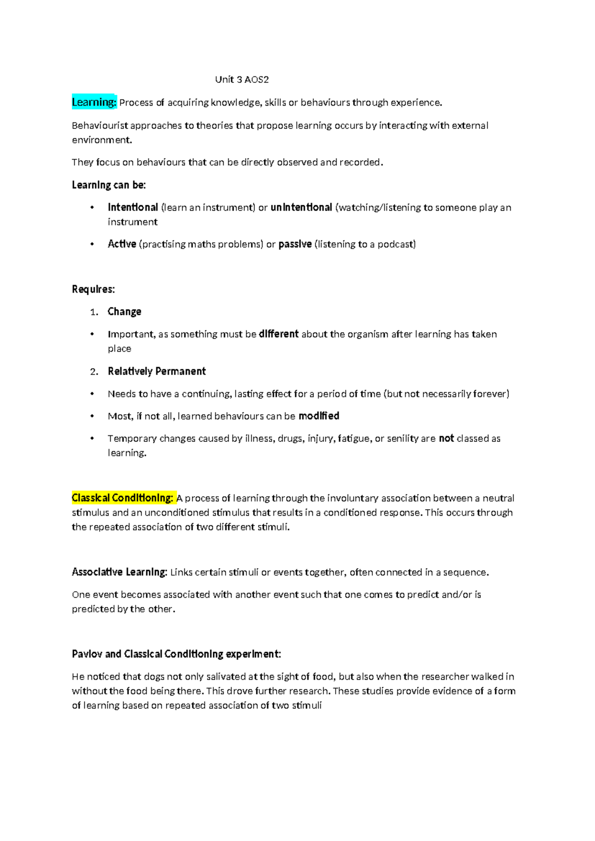 Unit 3 AOS2 - Class Notes - Unit 3 AOS Learning: Process of acquiring ...