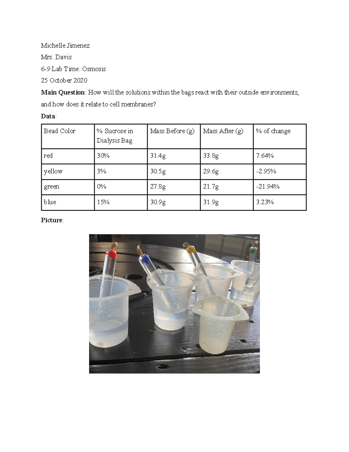 Laboratory Report 2: Osmosis - Michelle Jimenez Mrs. Davis 6-9 Lab Time ...