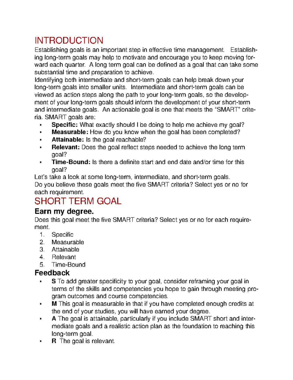 Unit 2 Notes - INTRODUCTION Establishing goals is an important step in ...