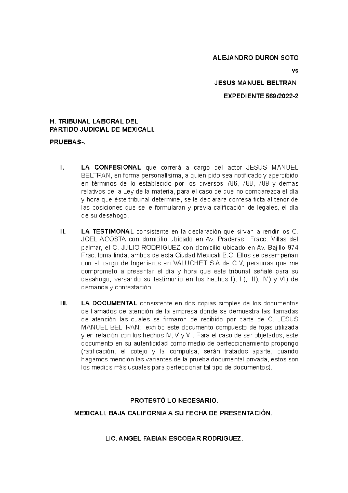 ️ Escrito DE Pruebas - ALEJANDRO DURON SOTO vs JESUS MANUEL BELTRAN ...