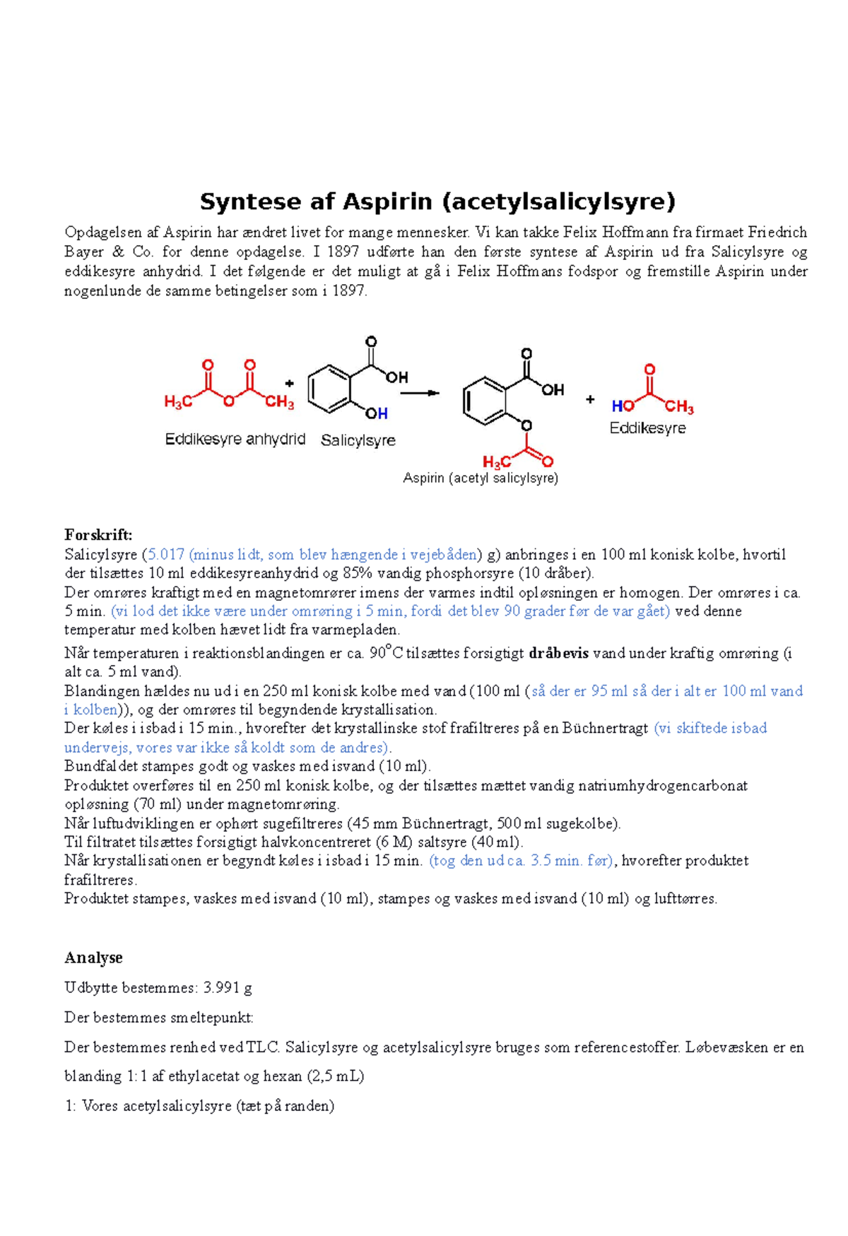 Syntese aspirin acetylsalicylsyre - Syntese af Aspirin ...